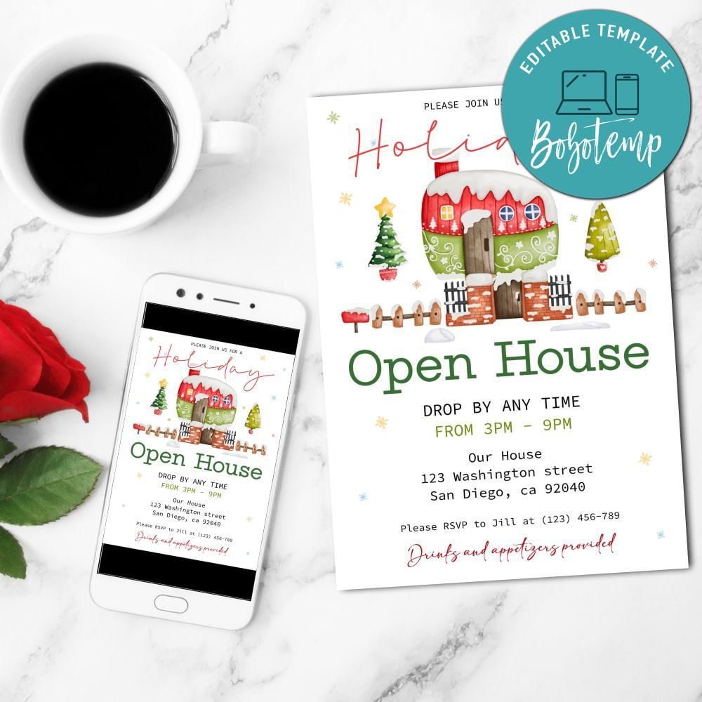 Holiday Open House Invitation Template Customizable DIY | Bobotemp