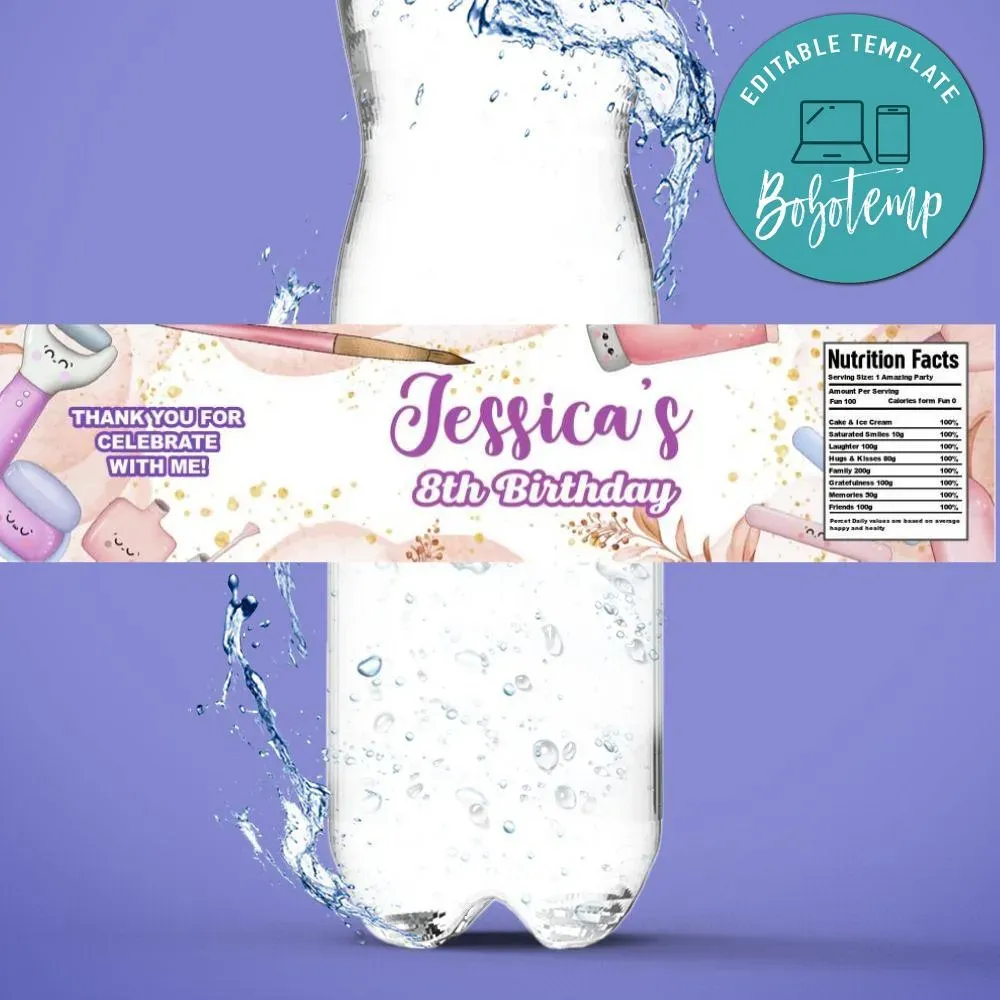 Mani pedi Birthday Bottle Label Customizable template DIY | Bobotemp