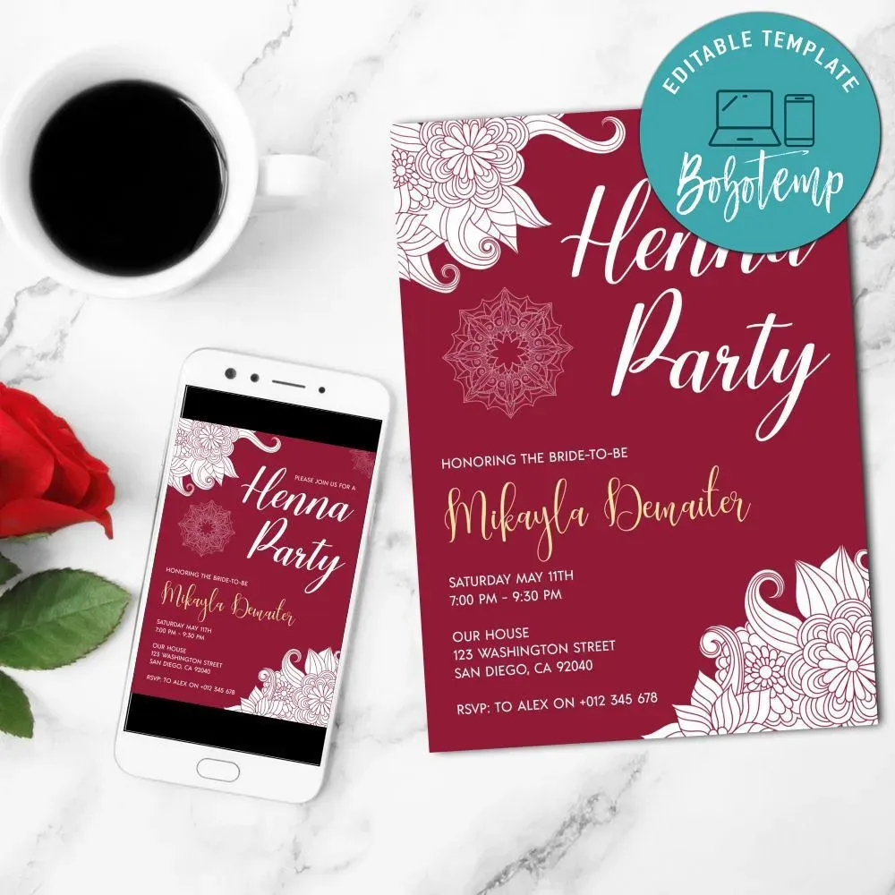Henna Birthday Invitation Template Customizable DIY | Bobotemp