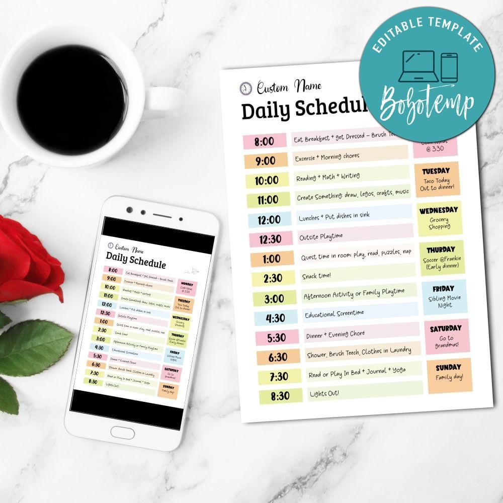 Daily Schedule Template Customizable Instant Download | Bobotemp